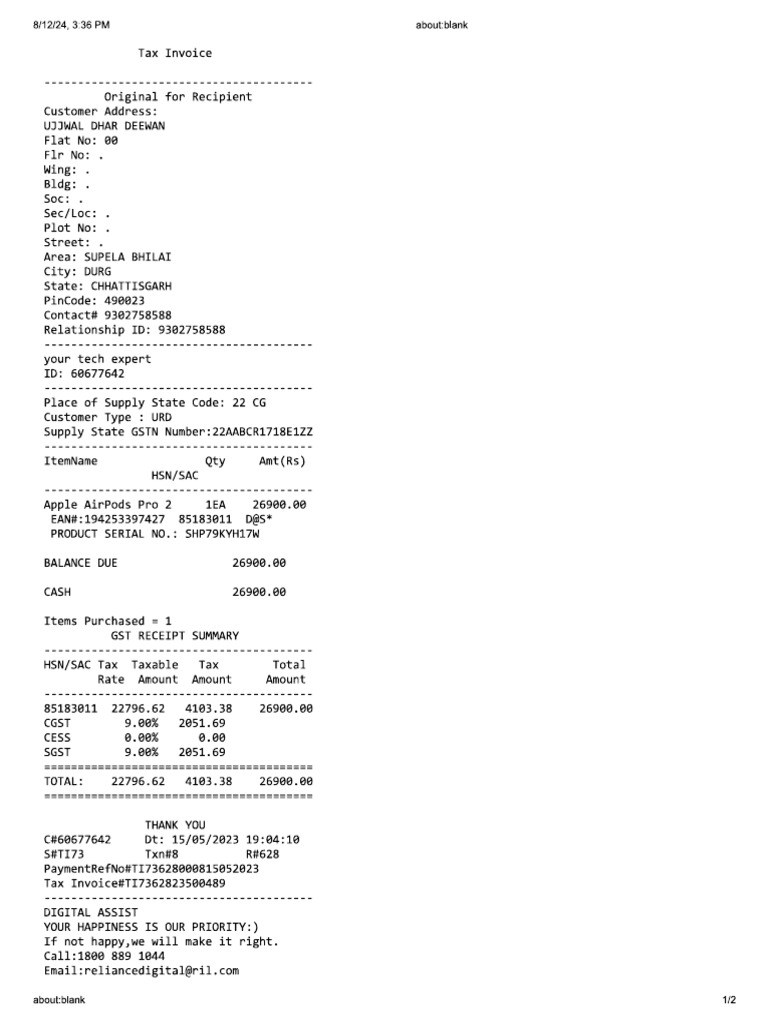 Ujjwal Dhar Deewan - Invoice Copy | PDF
