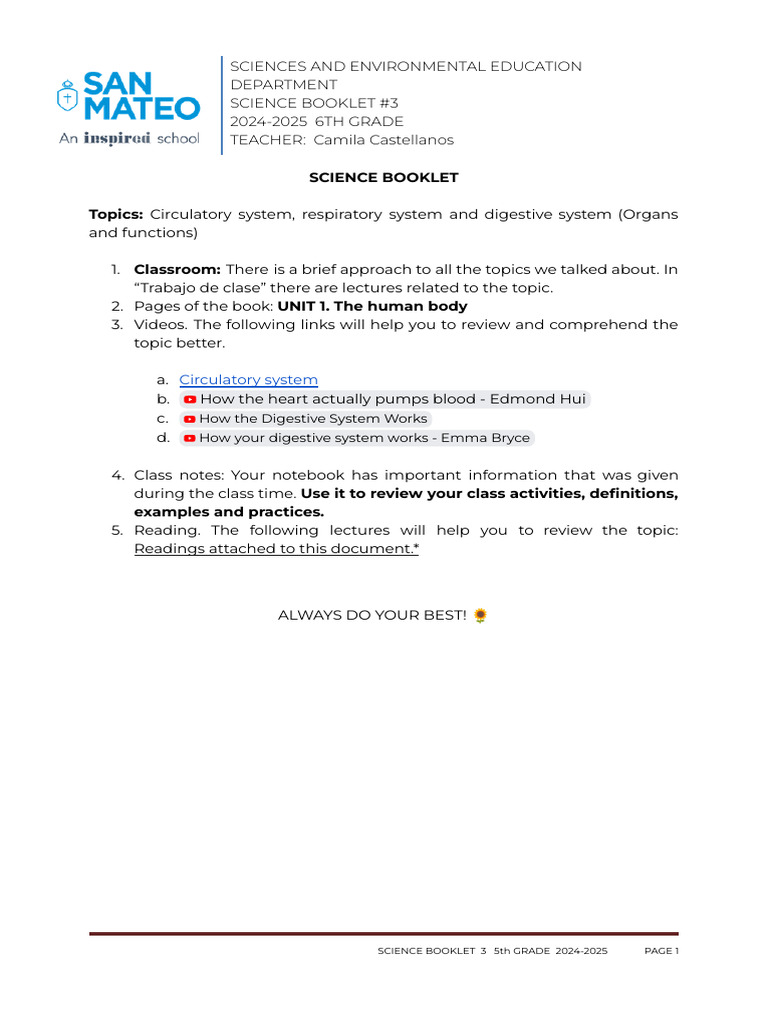6th Grade Booklet Body System | PDF | Vein | Heart Valve