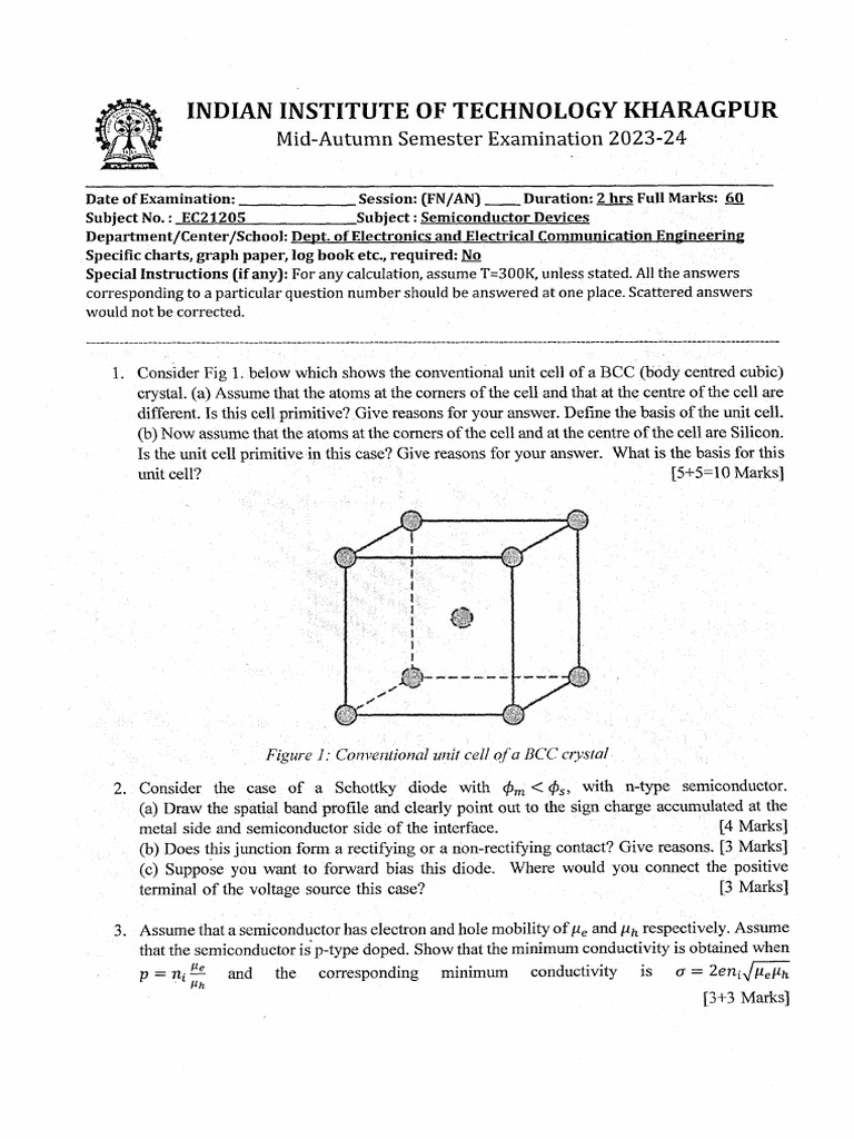 2023 Mid Autumn E&ECE Engg EC21205 Semiconductor Devices MA 2023 | PDF