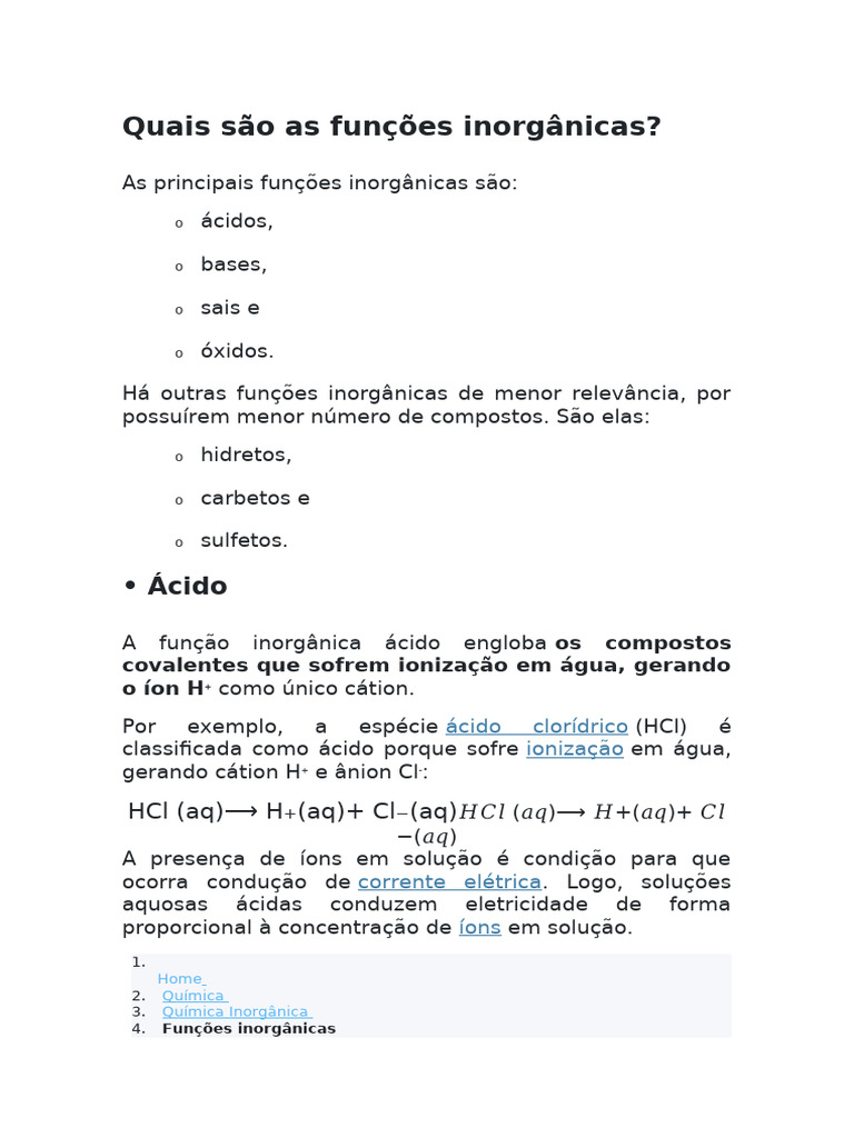 Funções Inorgânicas: Ácidos, Bases e Sais | PDF | Sal (Química ...