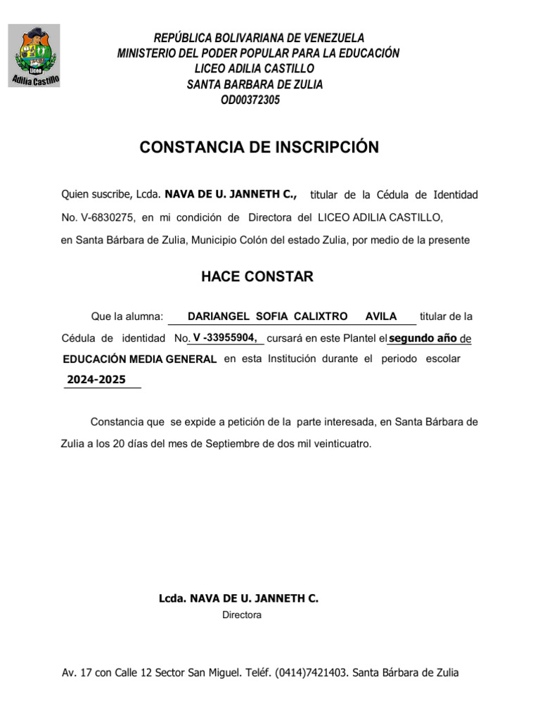 Constancia de Inscripción Escolar | PDF