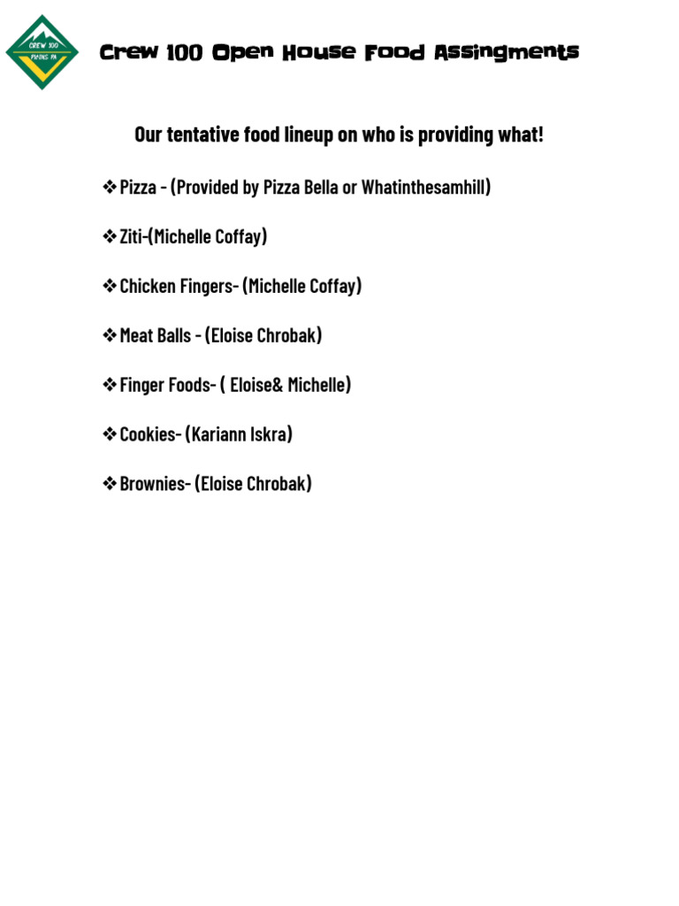 Crew 100 Open House Food Assignments | PDF
