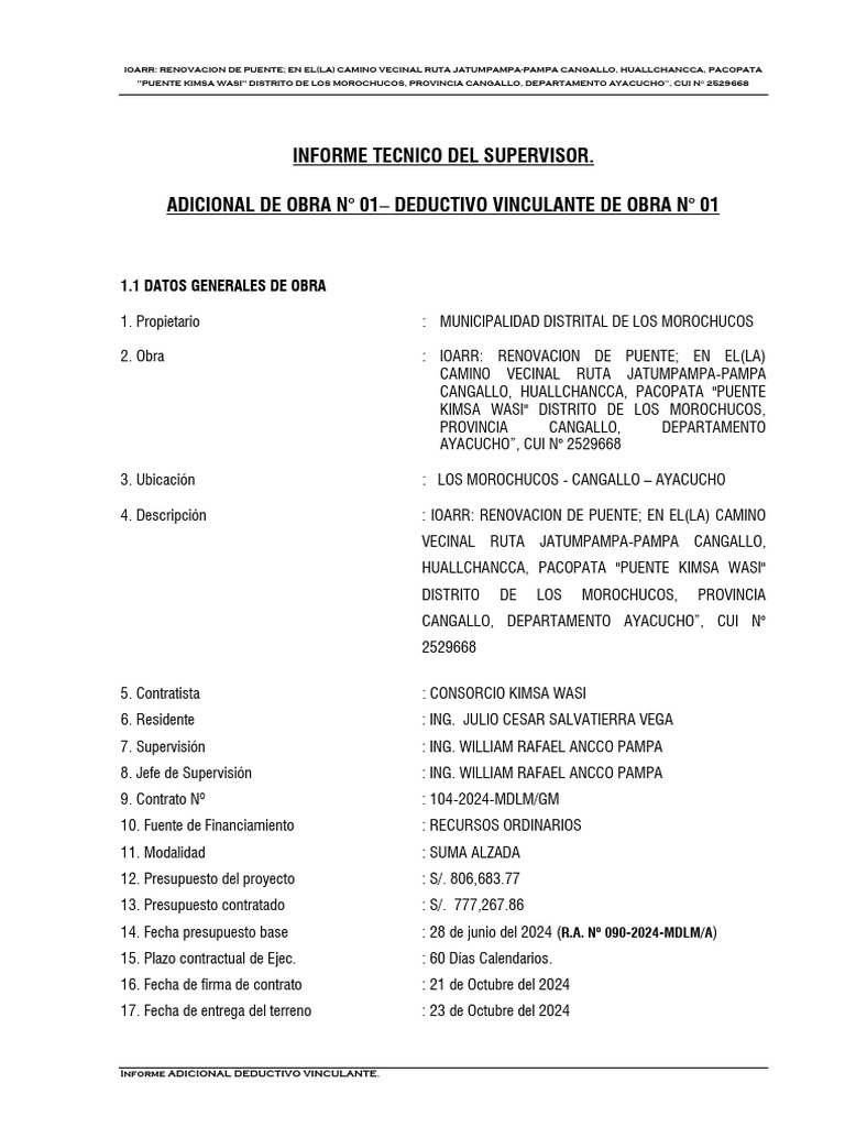 Informe de Adicional Deductivo VC - Super | PDF