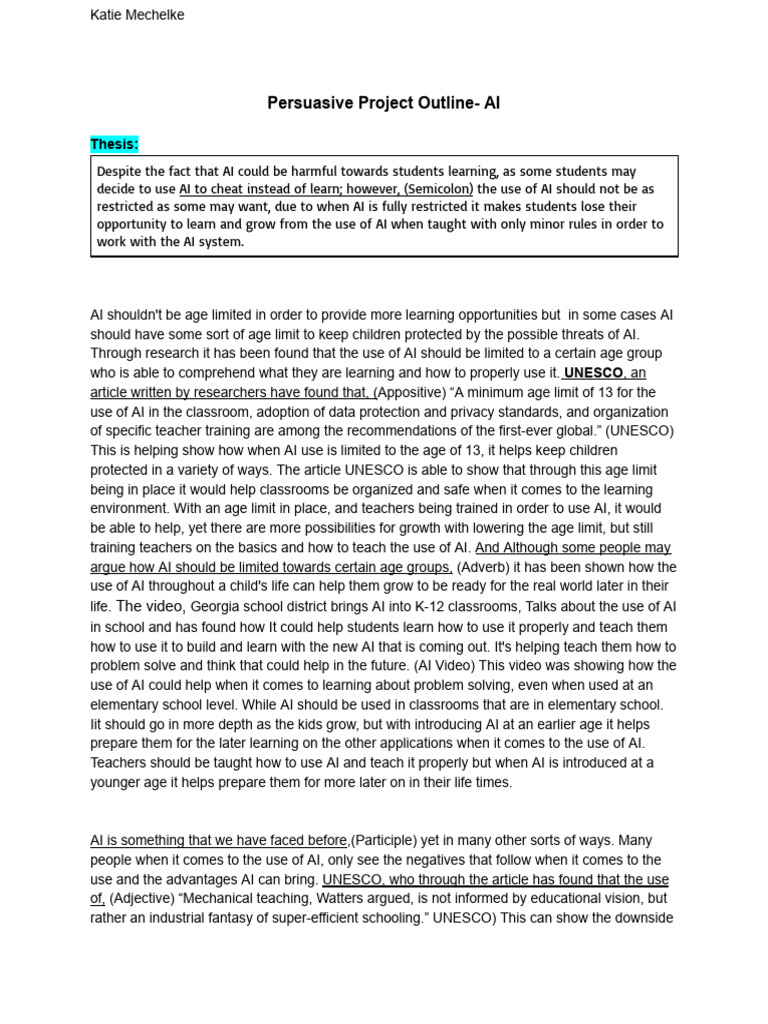 Persuasive Project Outline- AI | PDF | Teachers | Learning