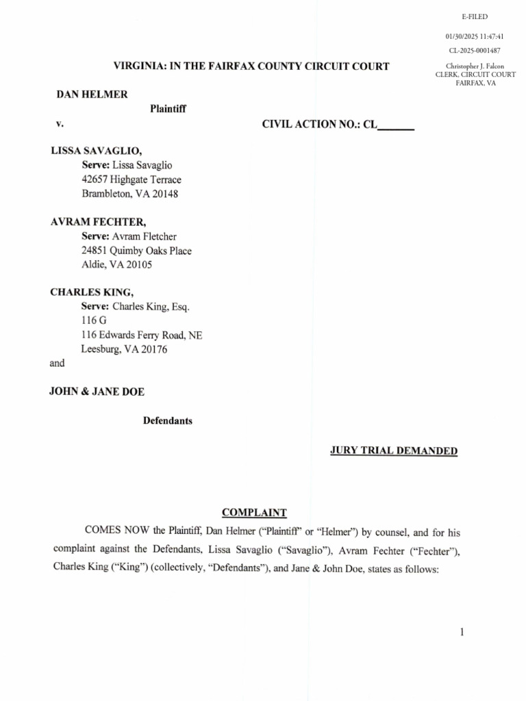 Dan Helmer V Lissa Savaglio Et Al Complaint With Exhibits | PDF