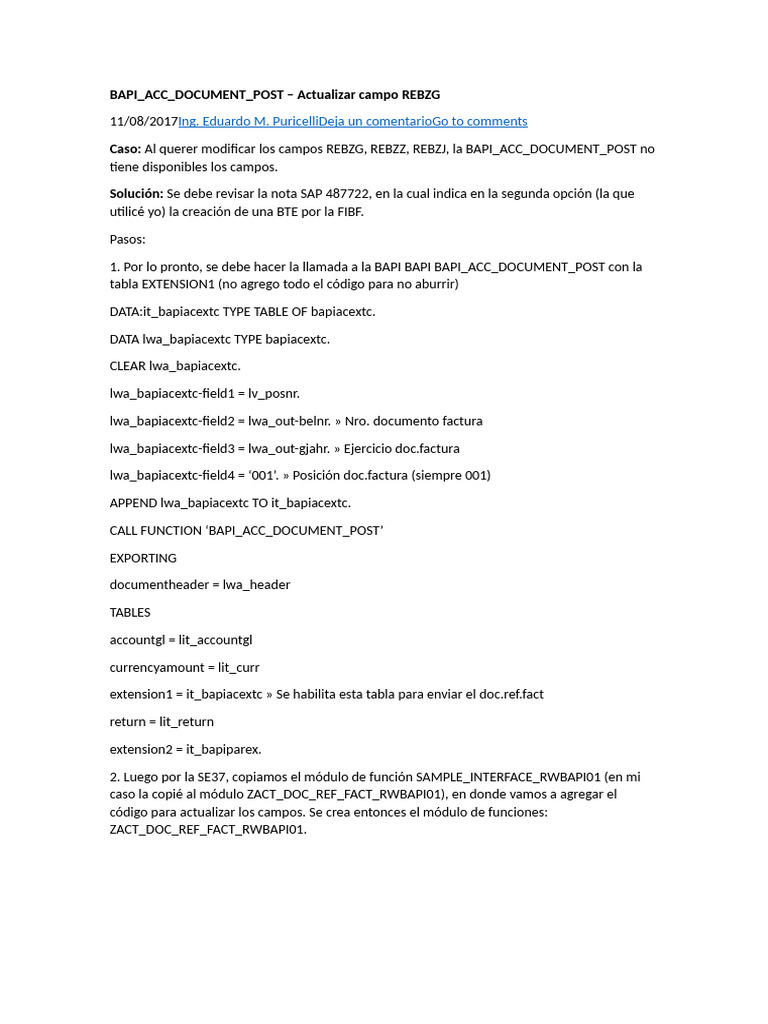 BAPI - ACC - DOCUMENT - POST - Actualizar Campo REBZG | PDF