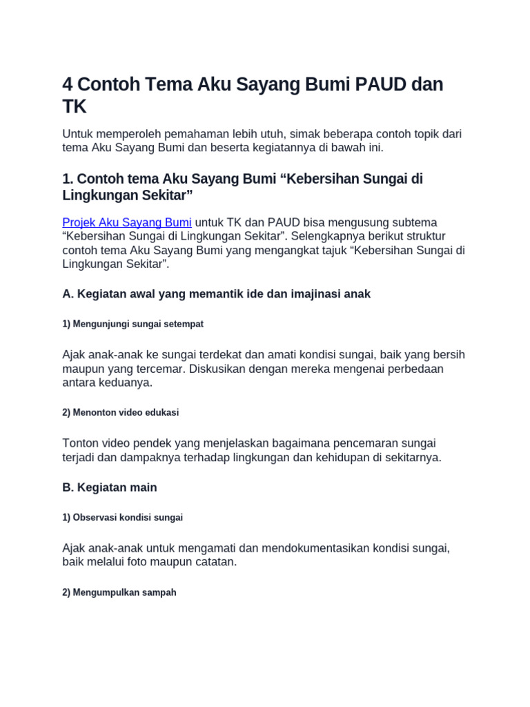 Contoh Tema "Aku Sayang Bumi" PAUD/TK | PDF
