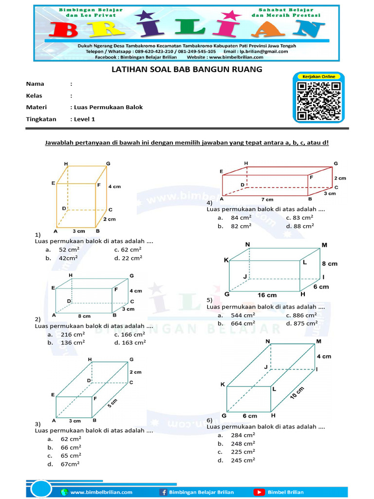 Soal Luas Permukaan Balok Level 1 | PDF