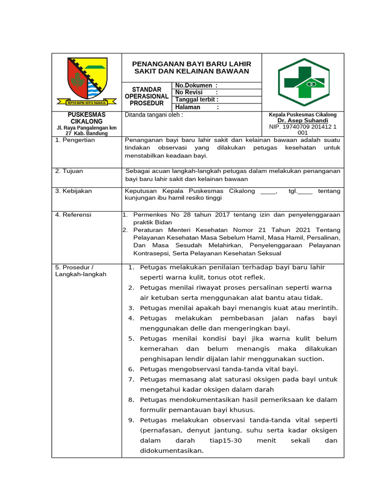 025 Sop Penanganan BBL Sakit Dan Kelainan Bawaan | PDF