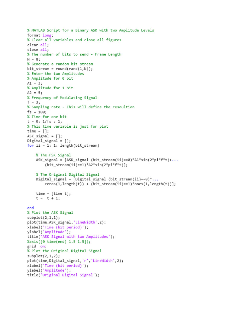 MATLAB Script For A Binary ASK With Two Amplitude Levels2 | PDF | Digital Signal | Phase (Waves)