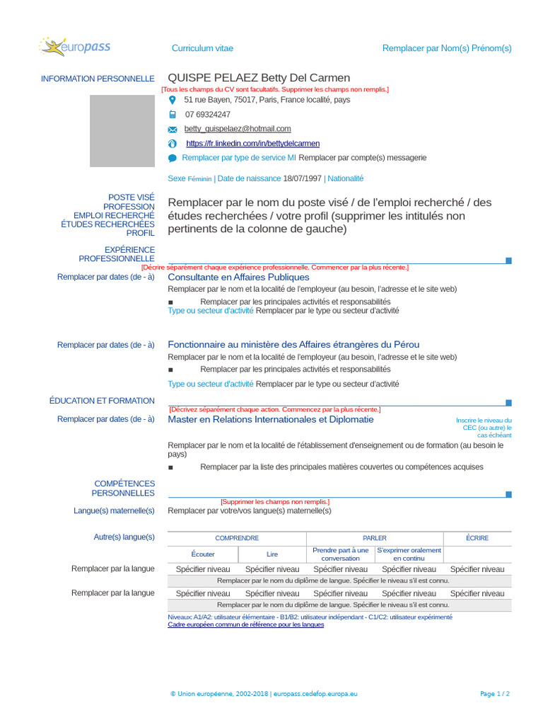 Modèle de CV Europass à compléter | PDF
