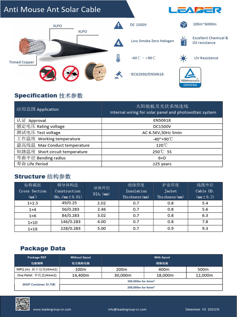 Cable Solar 1500V H1Z2Z2 K TUV UL en 50618 Anti Ratón Hormiga | PDF ...