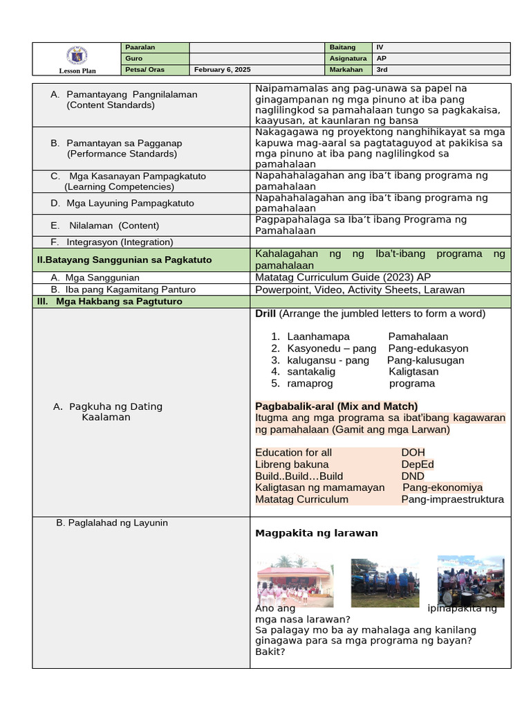 Lesson Plan AP4 3rd MATATAG | PDF