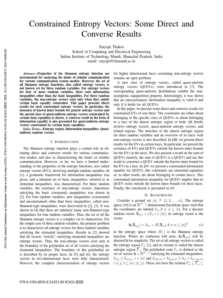 Constrained Entropy Vectors Some Direct and Converse Results | PDF | Mathematics | Mathematical ...