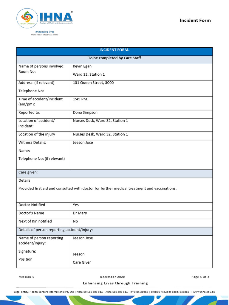 HLTINF006 - Incident Form | PDF | Health Care | Medicine