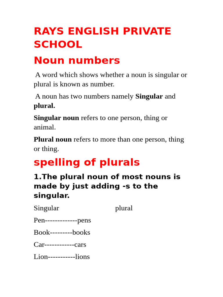 Rays Book 1 Noun Numbers | PDF | Plural | Grammatical Number