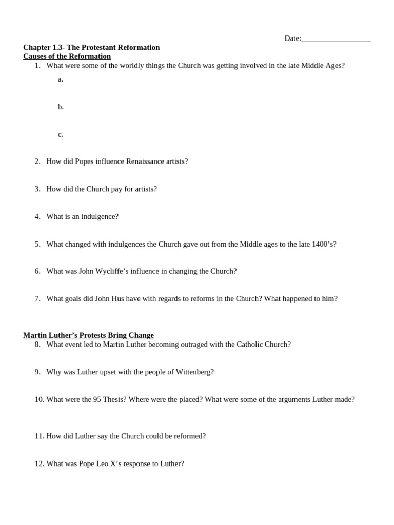 Chapter 1.3 The Protestant Reformation Guided Reading | PDF