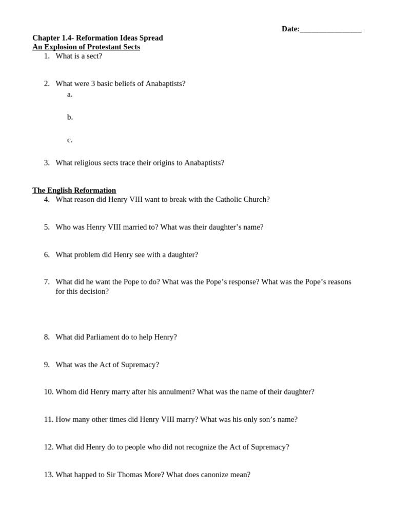 Chapter 1.4 Reformation Ideas Spread Guide Reading | PDF | Catholic ...