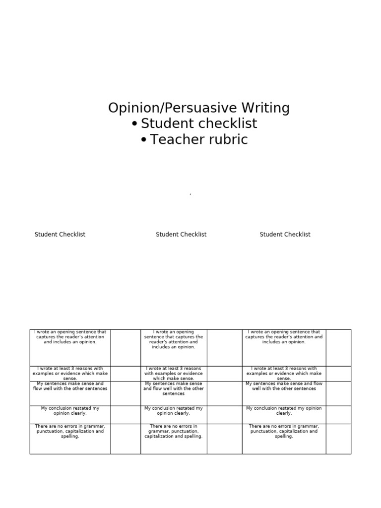 Opinion Writing Checklist & Rubric | PDF | Writing | Human Communication
