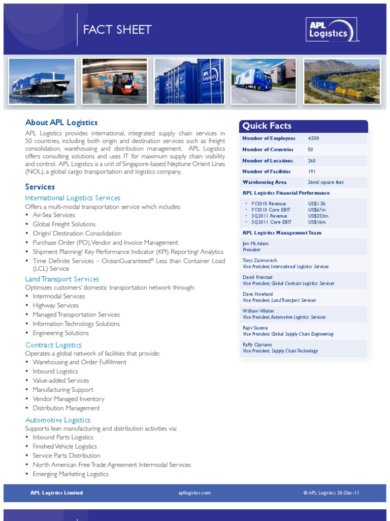 APL Logistics Factsheet | PDF | Logistics | Supply Chain