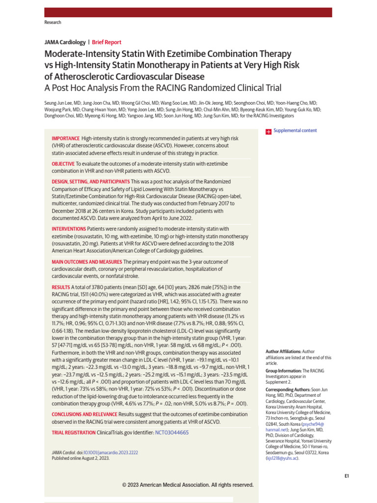 2023 Moderate Statin With Ezetimibe Vs High Intensity Statin | PDF ...