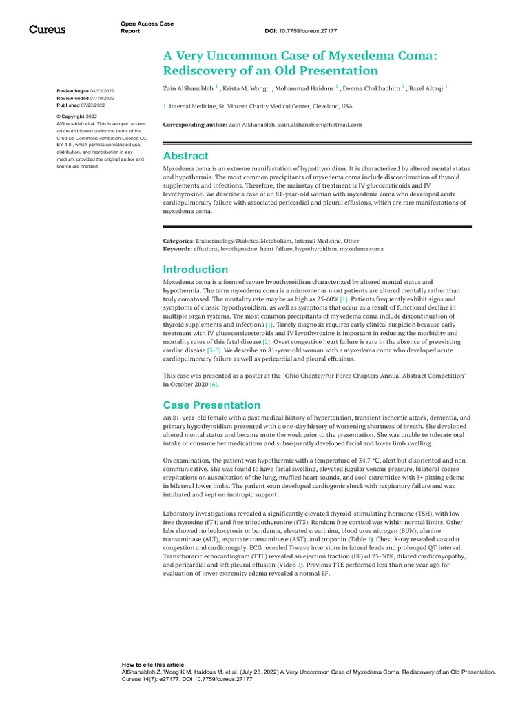 A Very Uncommon Case of Myxedema Coma- Rediscovery of an Old ...