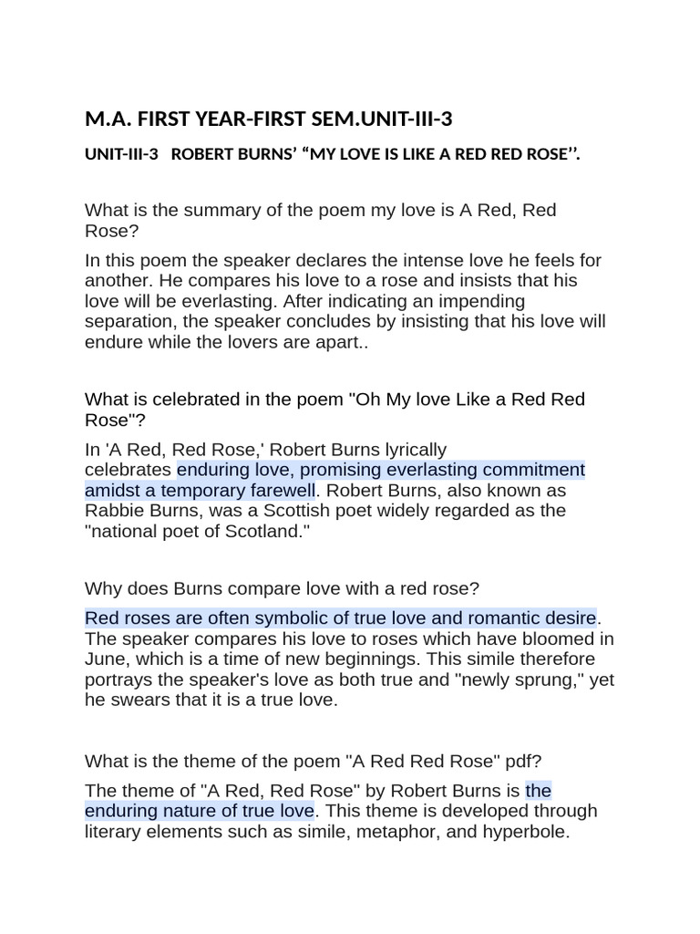 Uniit-III, 3.robert Burns's My Love Like A Red Red Rose | PDF | Poetry ...