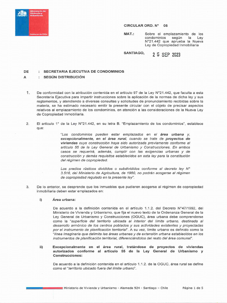 Circular N°5 - 25SEP2023 - DE LA SECRETARÍA EJECUTIVA DE CONDOMINIOS, SOBRE EL EMPLAZAMIENTO DE ...
