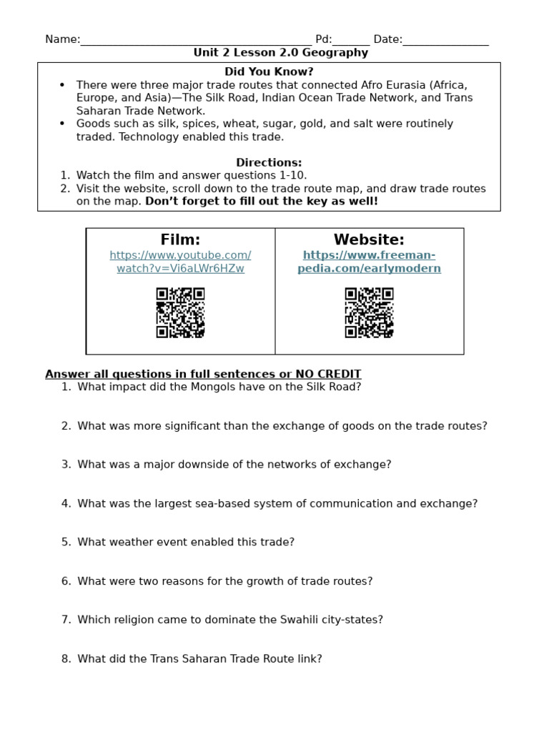 Unit 2 Lesson 2.0 Geography Activity | PDF