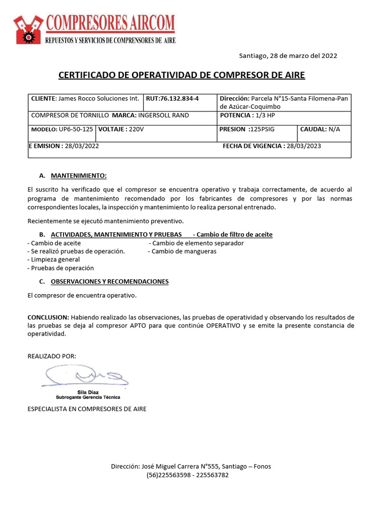 Certificado Compresor | PDF