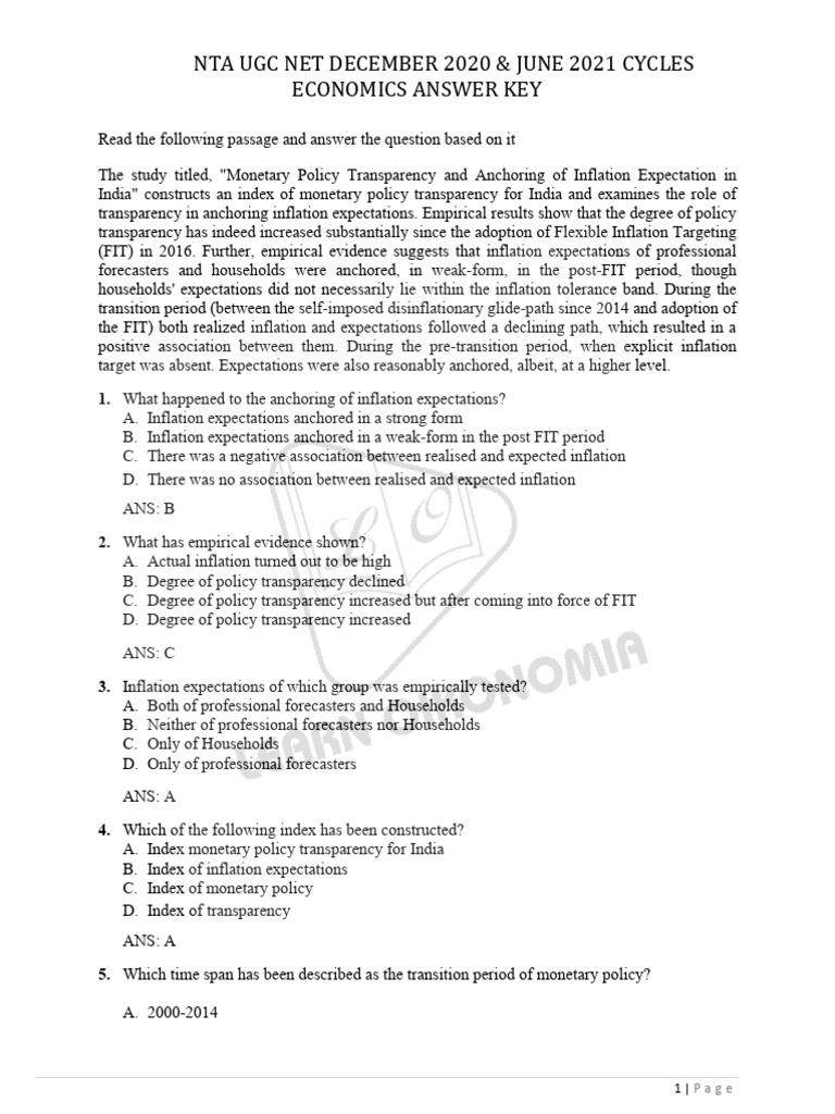 NTA UGC NET Economics Answer Key 2020-2021 | PDF | Inflation | Linear ...