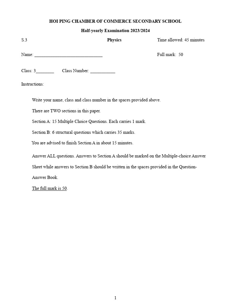 2324 S3 First Term Exam With Answer Key | PDF | Refraction | Refractive Index
