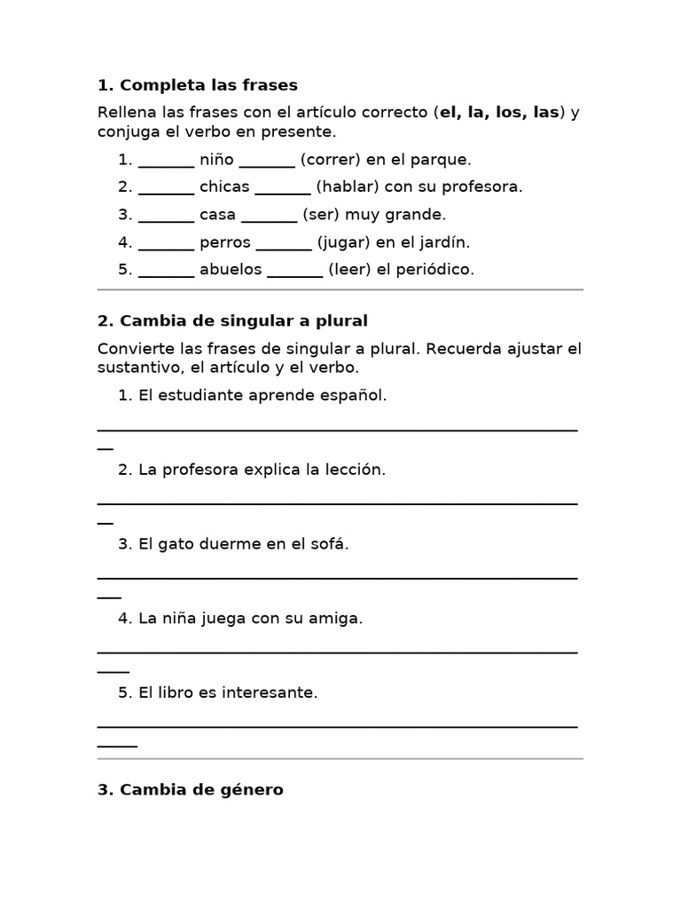 Ejercicios de artículos para primaria | PDF | Plural | Verbo