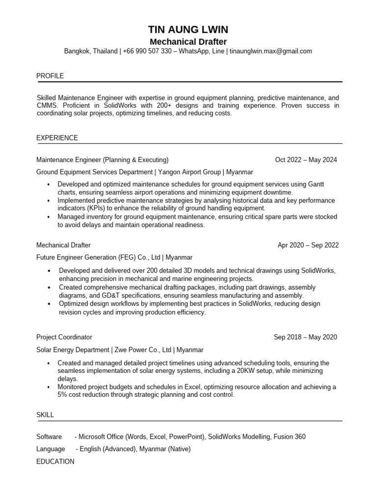 Tin Aung Lwin Mechanical CV | PDF | Engineering | Project Management