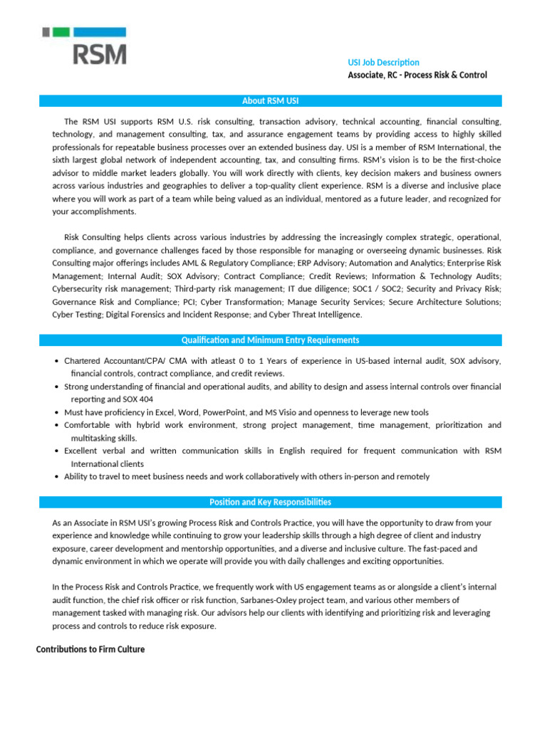0-1 Years - USI-RC Process Risk & Controls - Experienced Associate ...