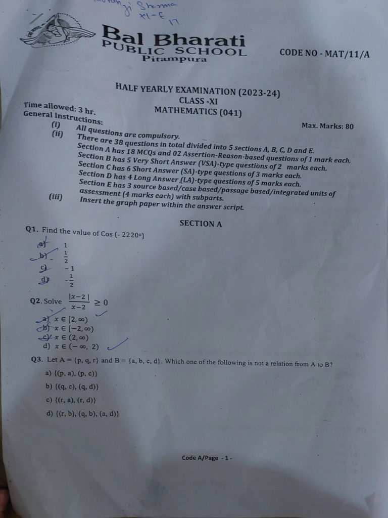 XI Term-1 BBPS PP Set-A 2023-24 | PDF | Derivative | Function (Mathematics)