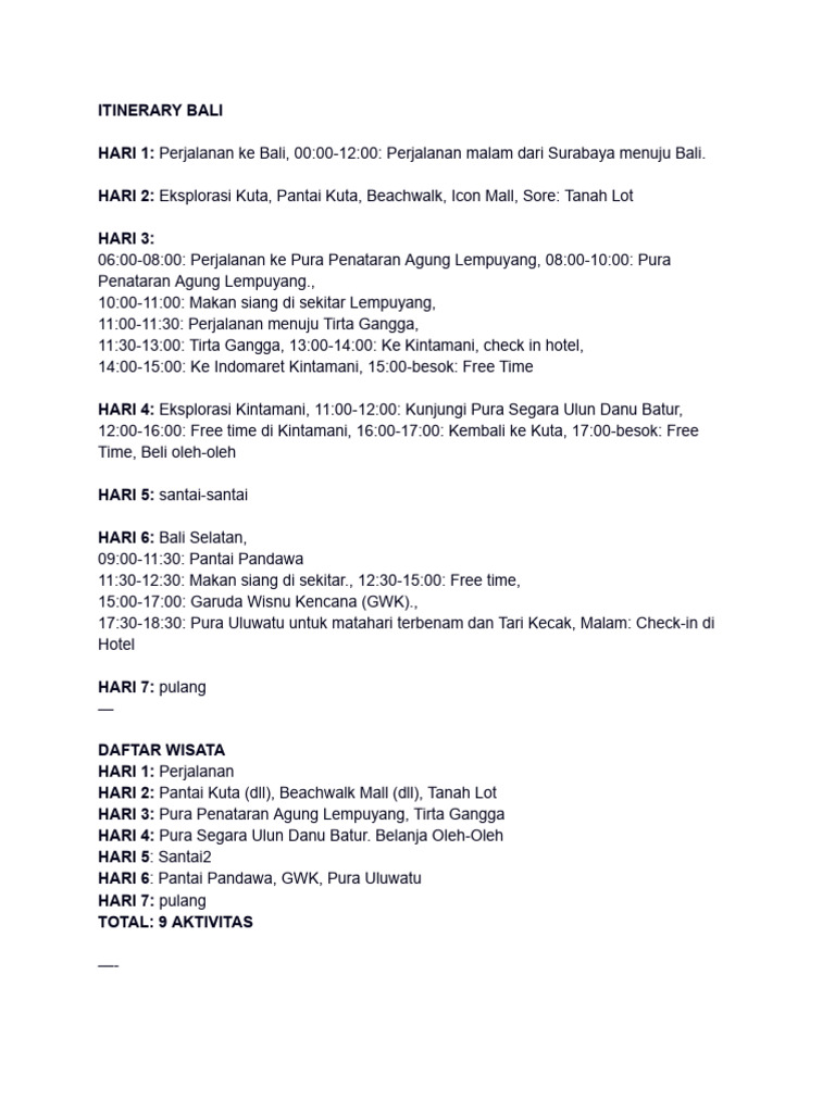 Bali Itinerary | PDF
