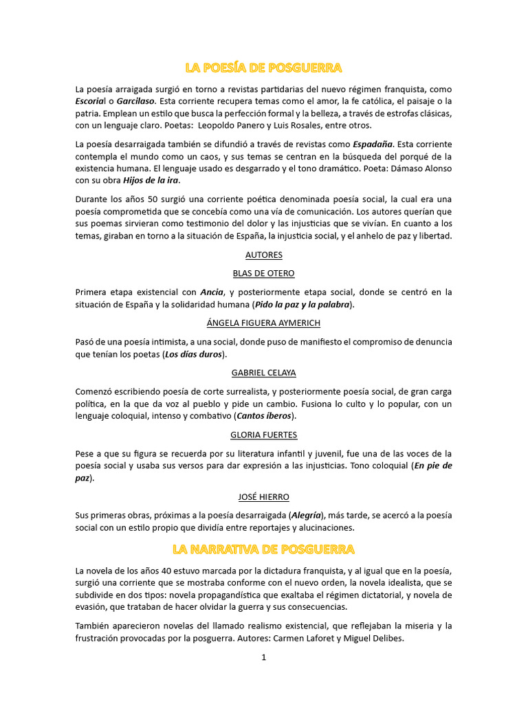 La Poesía, La Narrativa y El Teatro de Posguerra | PDF | Poesía ...