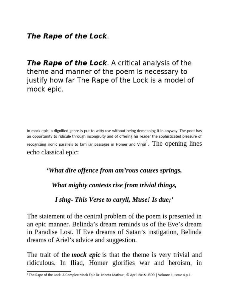 The Rape of The Lock As A Mock Epic | PDF | Paradise Lost | Epic Poetry