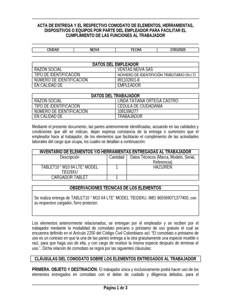 Acta de Comodato Laboral | PDF