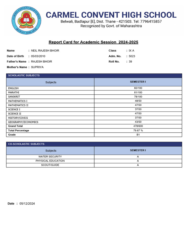 IX report card 1st sem | PDF