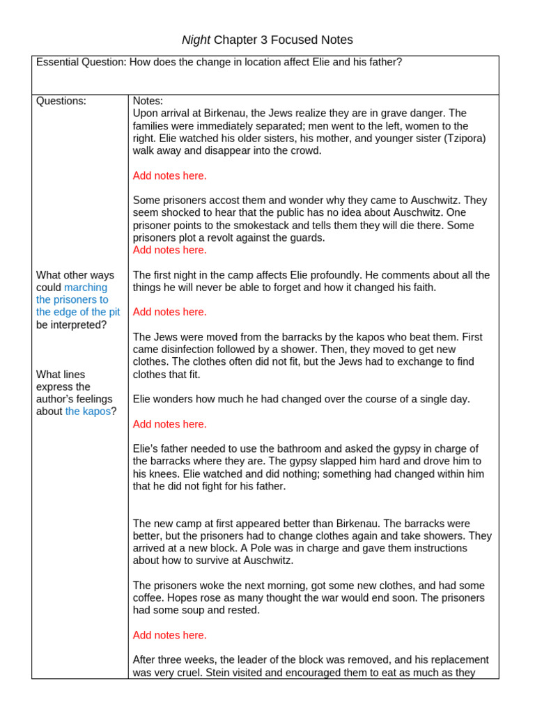2025 Night Chapter 3 Focused Notes Student (2) | PDF | Auschwitz ...