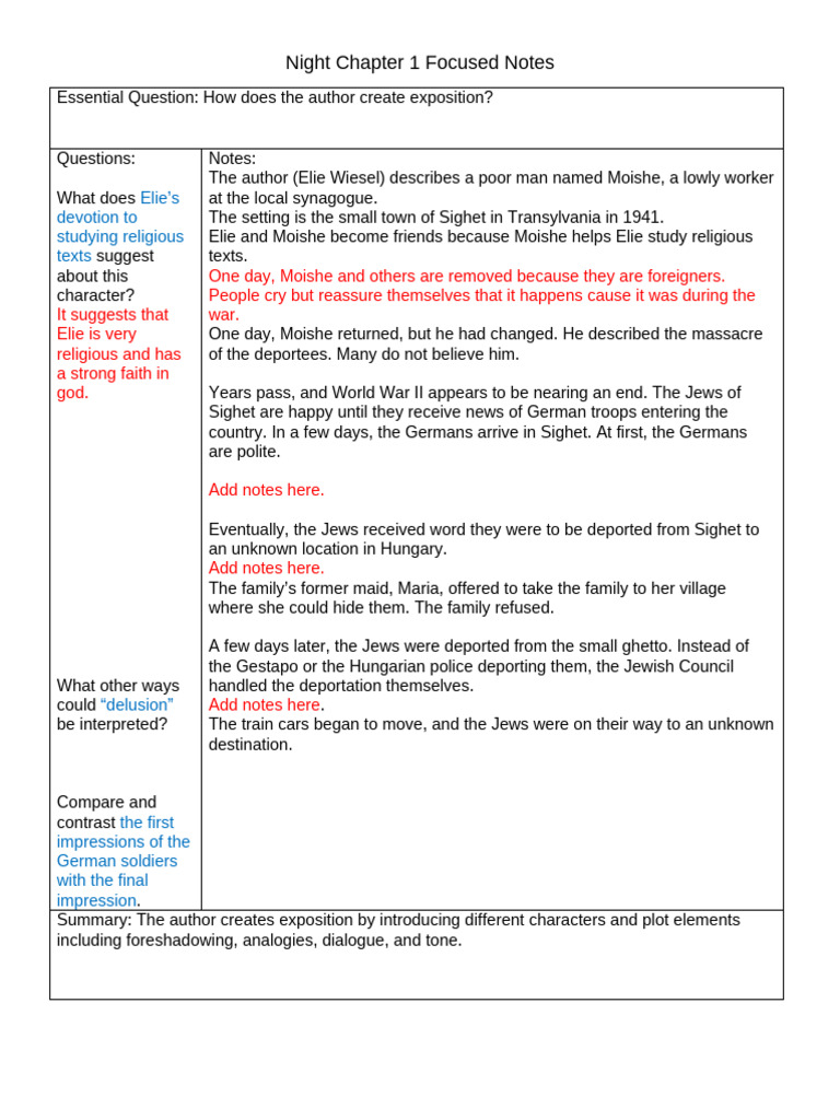 2025 Night Chapter 1 Focused Notes Student Version | PDF