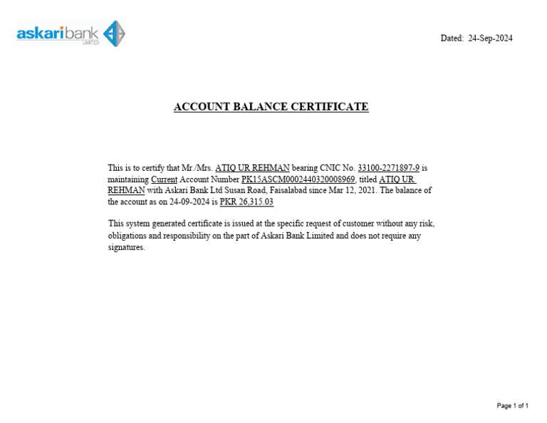 Account Balance Confirmation | PDF