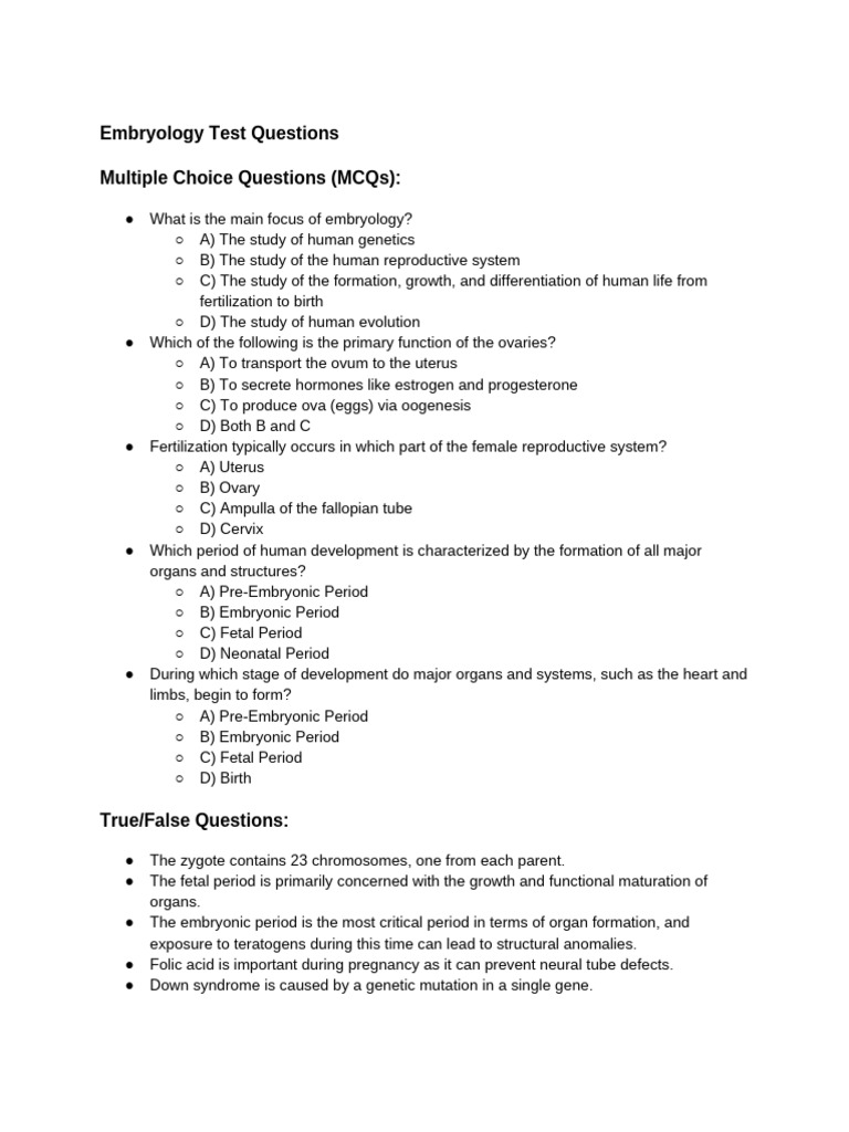 Embryology MCQs and Concepts Guide | PDF
