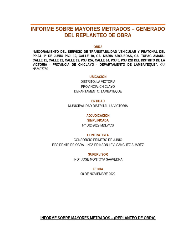 Informe Tecnico Mayores Metrados | PDF | Construyendo tecnología | Materiales