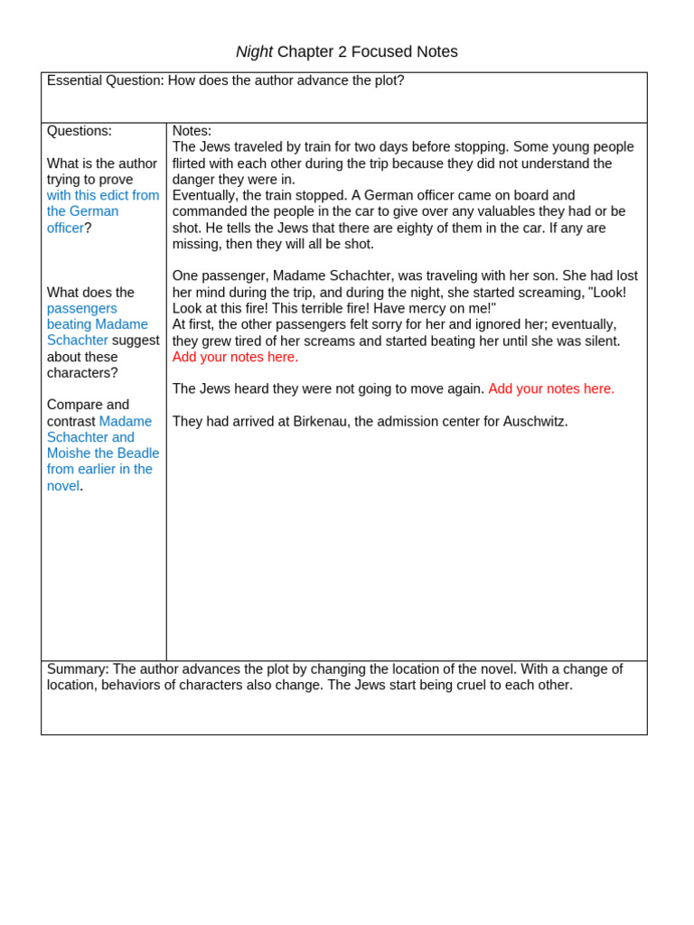 2023 Night Chapter 2 Focused Notes Student Version-1 | PDF