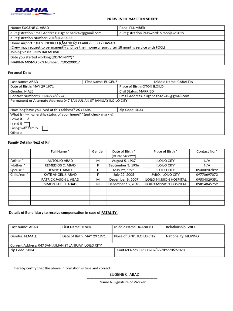 CREW INFORMATION SHEET | PDF