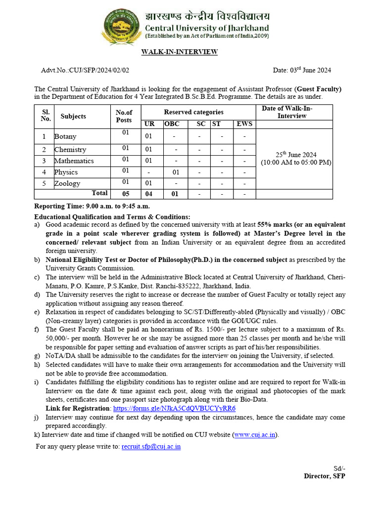 Revised B.Sc.B.Ed. Guest Faculty Advertisment CUJ | PDF | Academic ...