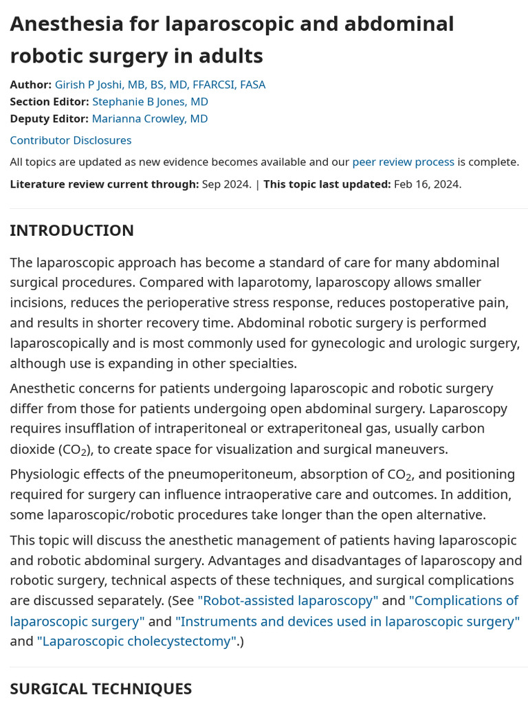 Anesthesia For Robotic Surgery Uptodate | PDF | Surgery | Anesthesia